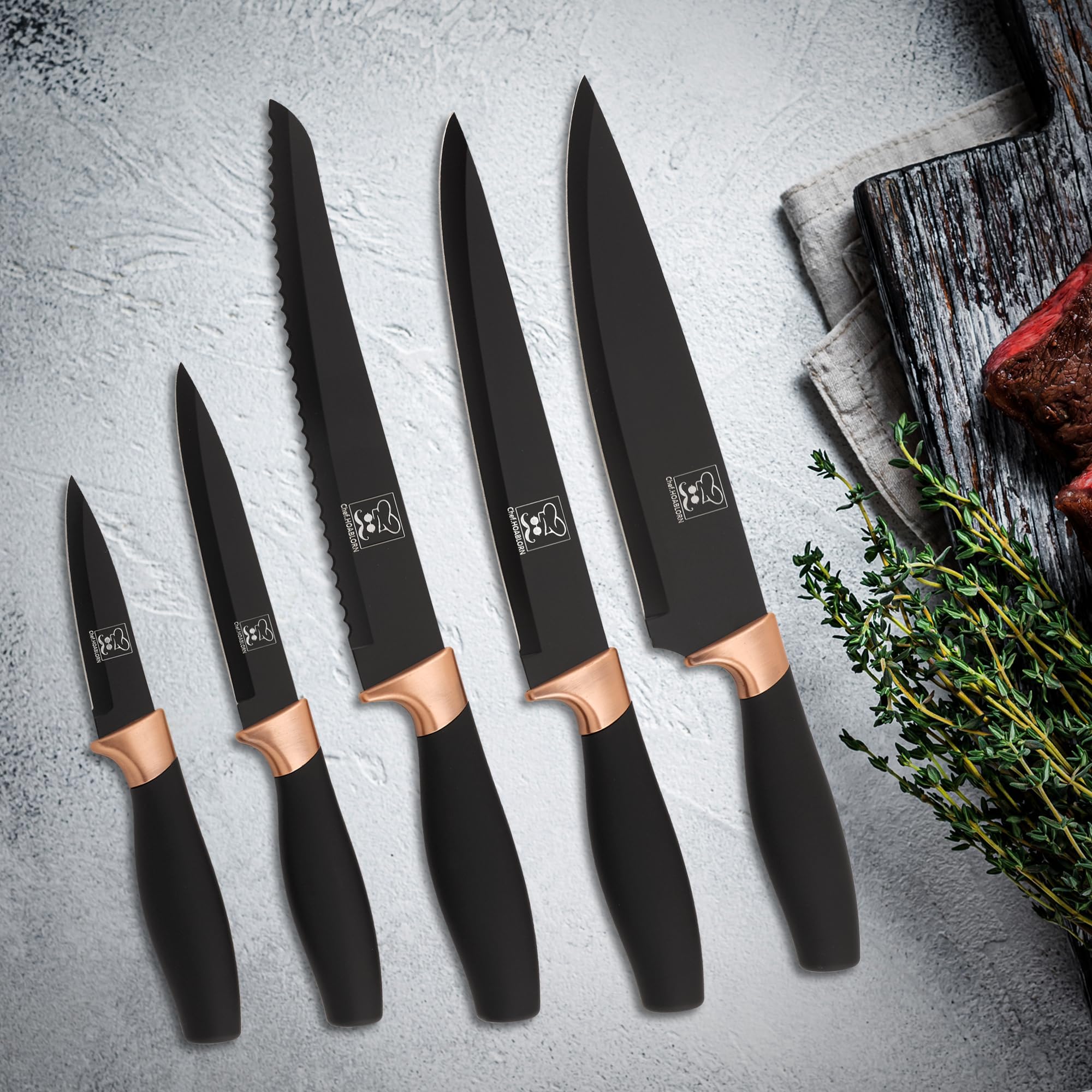 ChefHOABLORN Knife Block Set Universal Round Knife Holder Removable Knife Holder Easy to Clean Space Saving with 5 Knives Kitchen Knife Holder.