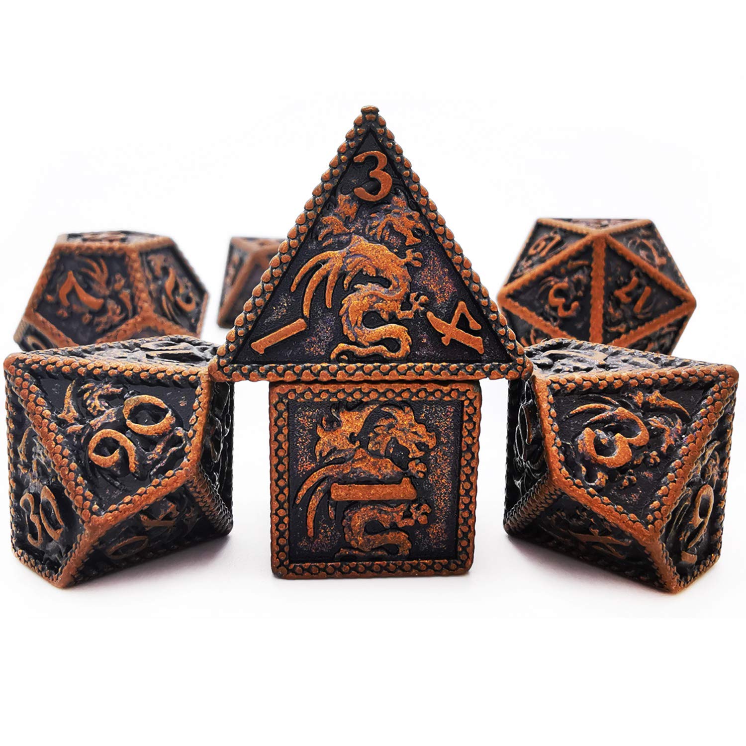 MJDICEOK Dragon Metal DND Dice Set 7 Role Playing Dice Solid D&D Dice Red Copper