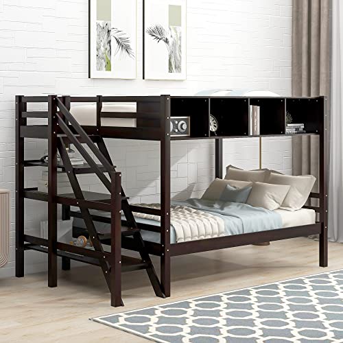 DEYOBED Twin Over Full Wooden Bunk Bed with Storage Staircase and Cabinets for Kids Teens
