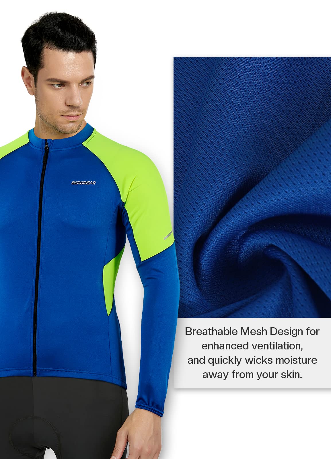 BERGRISAR Men's Basic Cycling Jerseys Long Sleeves Bike Bicycle Shirt Zipper Pockets Pale Yellow L