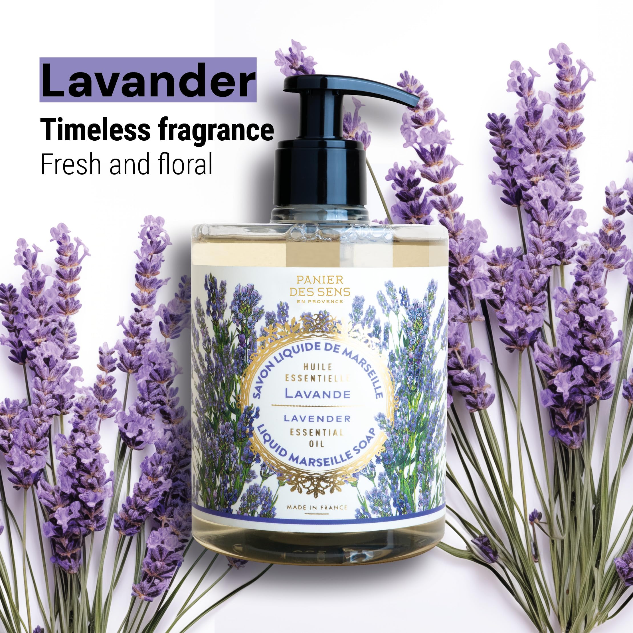 Panier des Sens - Liquid Hand Soap - Lavender Hand Wash - French Marseille Moisturizing Hand Soap with Coconut Oil - Refillable Kitchen & Bathroom Hand Soap - 97% Natural Ingredients -16.9 Fl.oz