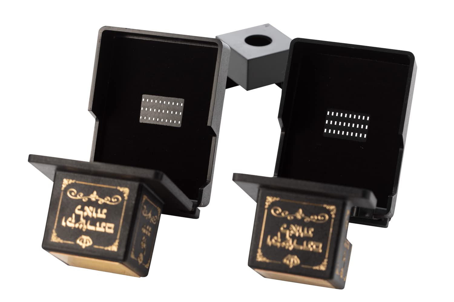 Plastic Tefillin Boxes Case Cover with metal plate on top set of 2 Shel Rosh And Shel Yad For Righty (Black And Gold Rabbeinu Tam, 35)