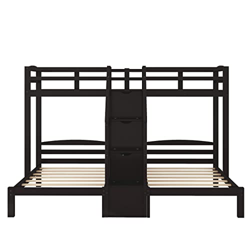 DEYOBED Twin Over Twin & Twin Wooden Triple Bed Bunk Bed with Built-in Storage Staircase and Drawer Storage Board for 3 Kids Adults