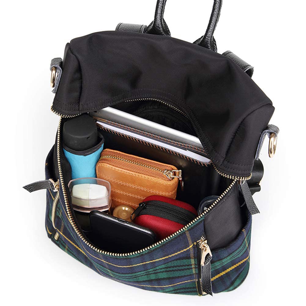 Mn&Sue Plaid Backpack Purse for Women Fashion Casual Daypack Dual-use Travel Shoulder Bag Nylon Rucksack (Green Plaid) One_Size