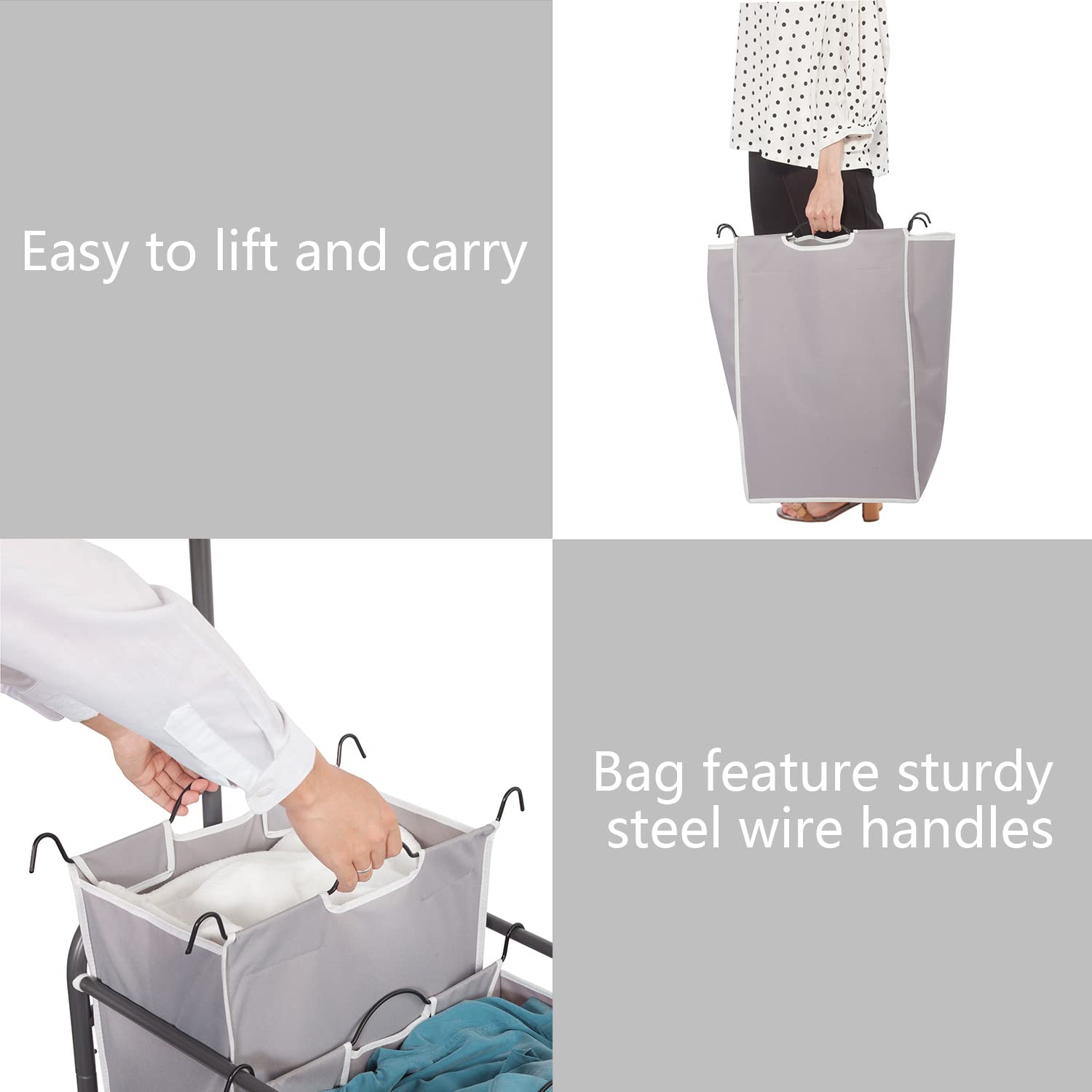 STORAGE MANIAC 136L Laundry Sorter with Hanging Bar, Portable, Removable Laundry Hamper Cart with Heavy Duty Rolling Lockable Wheels and Removable Bags, Rolling Laundry Basket Organizer, 3 Section