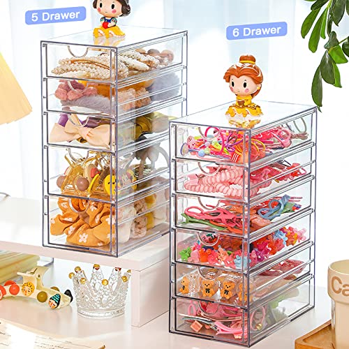 FABROK Clear Hair Accessory Organizer Box with 5 Drawers, Compact Storage Organization Drawers Set for Cosmetics, Glasses, Stationery, Stackable Storage Containers Box for Bathroom, Closet, Desk, Office