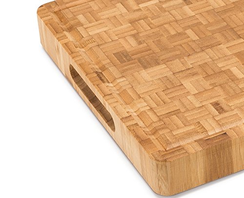 End Grain Wood Bamboo Cutting Board for Kitchen, Commercial Use - Extra Large, Thick Butcher Block with Juice Groove, Handles, and Non-Slip Feet for Chopping Veggies, Carving Meat, Bread and Cheese