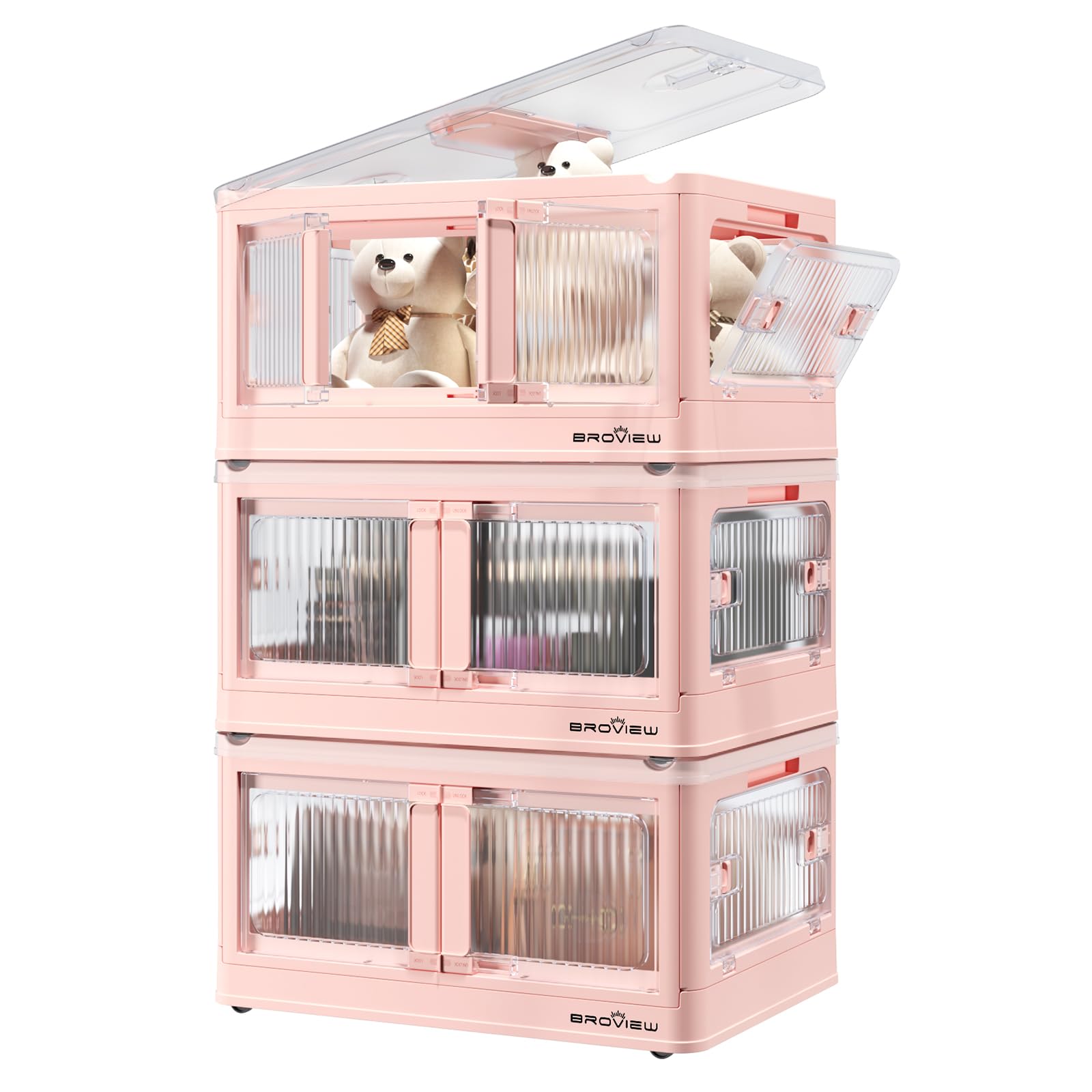 BROVIEW 32qt Pink Storage Bins with Lids for Women Girls Lady, Pink Closet Organizers and Storage, 3 Pack Pink Stackable Collapsible Plastic Storage Bins with Lids for Hat Bag Dressing Table Dorm Room