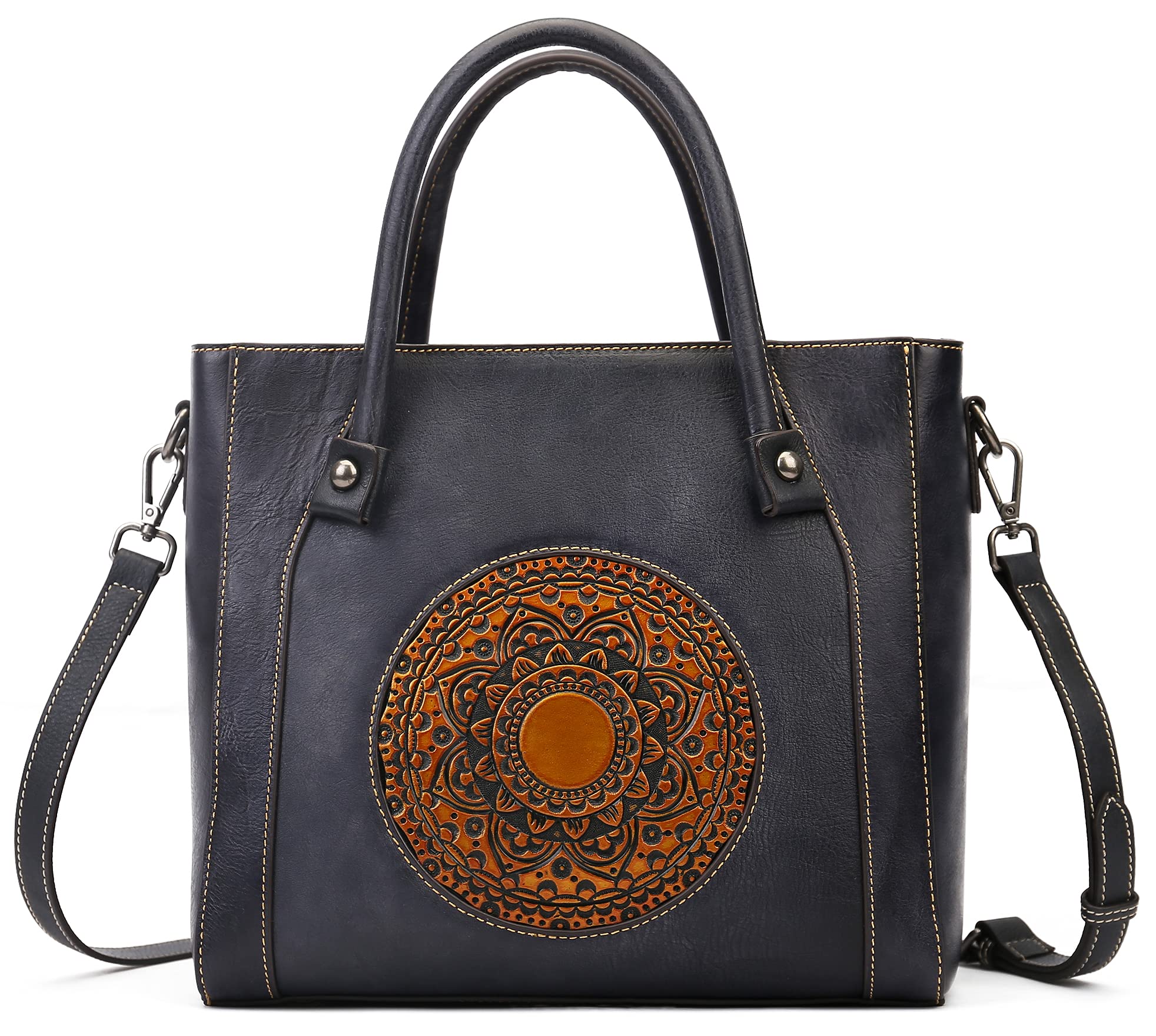 Genuine Leather Handbag for Women,Retro Embossing Mandala Design Purse Organizer Vintage Handmade Crossbody (3299 brown) 11 * 5.1 * 10.2 inches