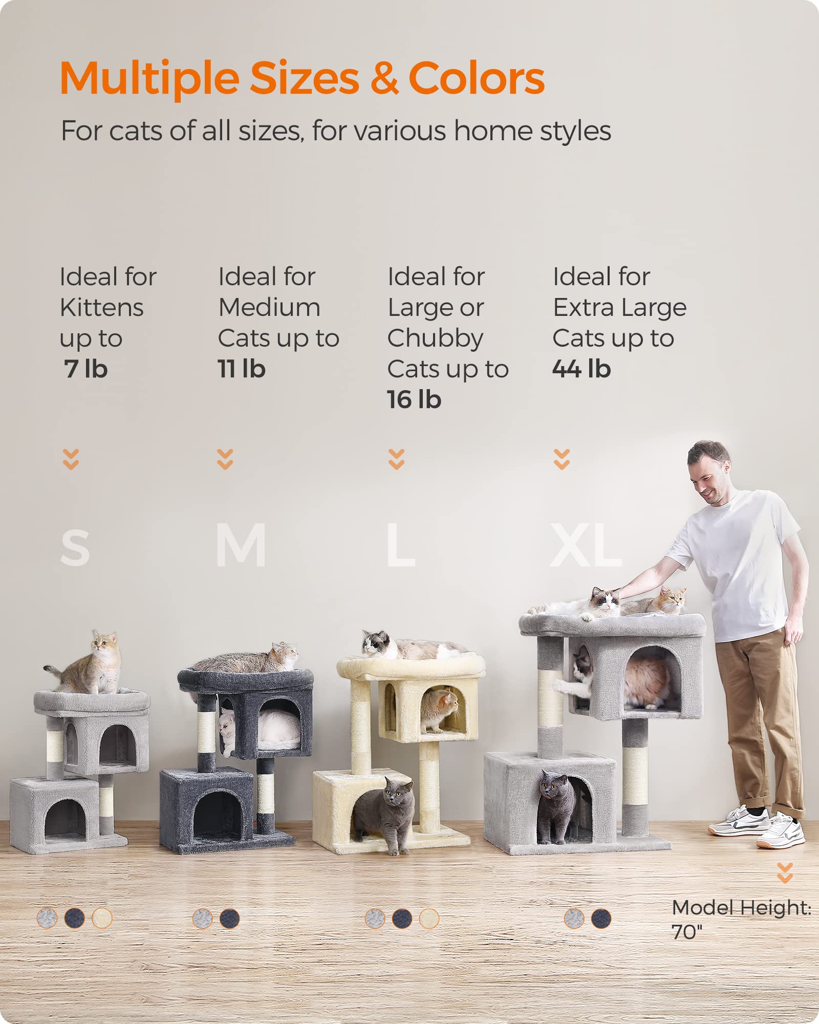 Feandrea Cat Tree, 29.1-Inch Cat Tower, M, Cat Condo for Medium Cats up to 11 lb, Large Cat Perch, 2 Cat Caves, Scratching Post, Light Gray UPCT612W01