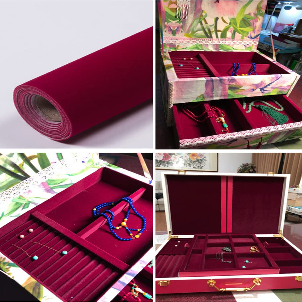 Self Adhesive Velvet Fabric StickyFelt Sheets ,Jewelry, Drawer Liners Craft Fabric Peel and Stick Paper 17.78 x 199.78 cm(Red)