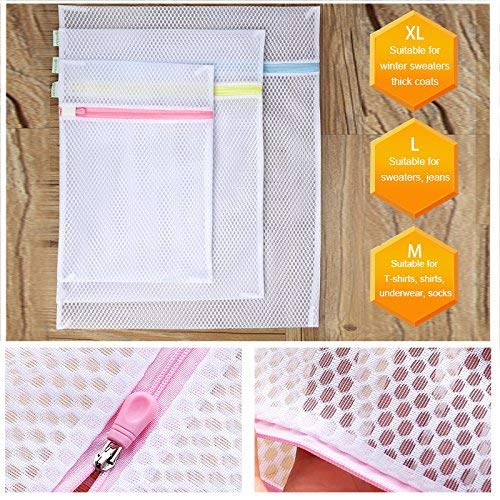 Laundry Bags, SASUM LIFE 3 Pack Zippered Mesh Polyester Wash Bags Premium Durable White for Jeans, Lingerie,Socks,Bra Sweaters, Coats in Washing Machine & Drier (Beehive)