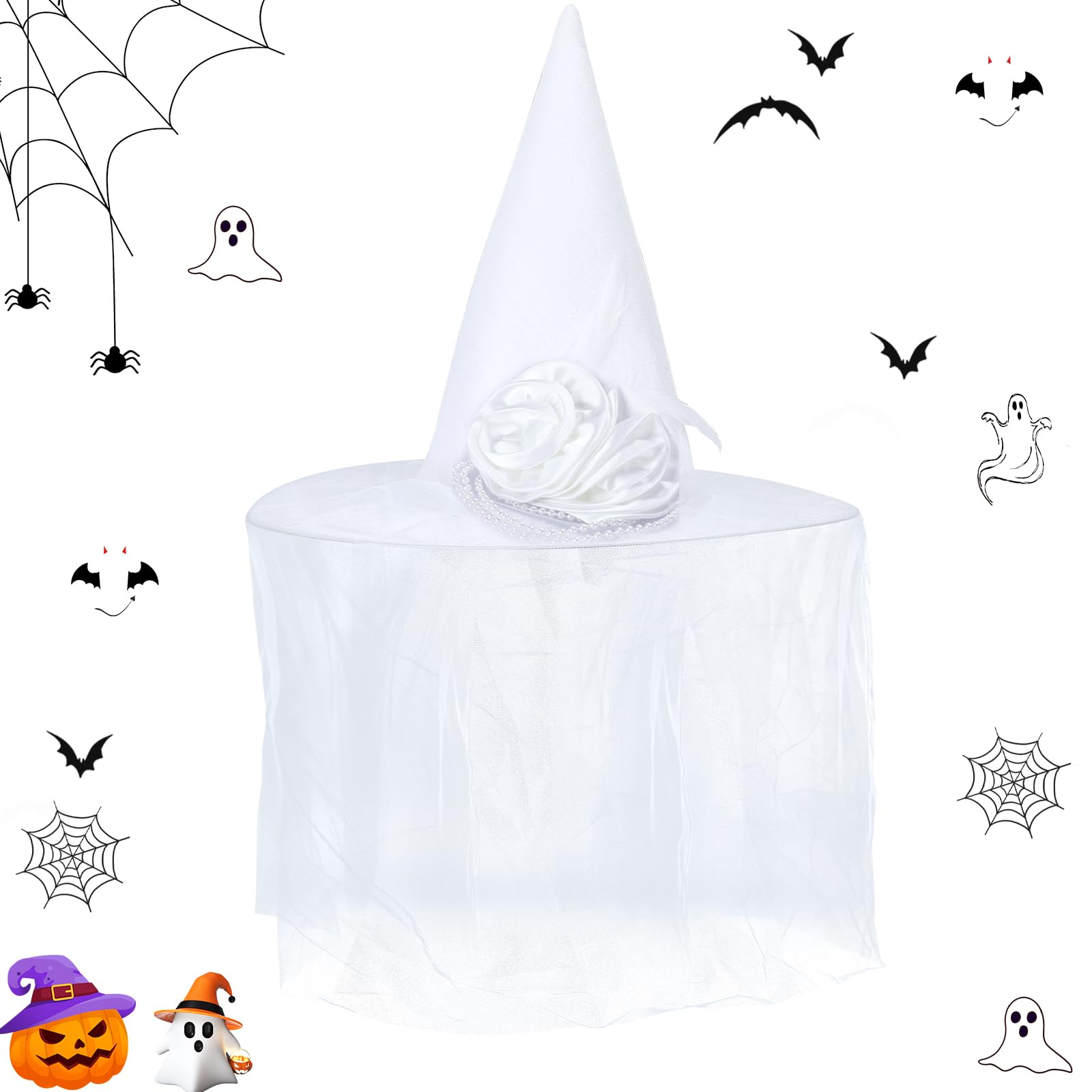 Panitay Halloween Bride Witch Hat White Witches Hat with Veil Flower Feather Accessories Witch Costume for Women