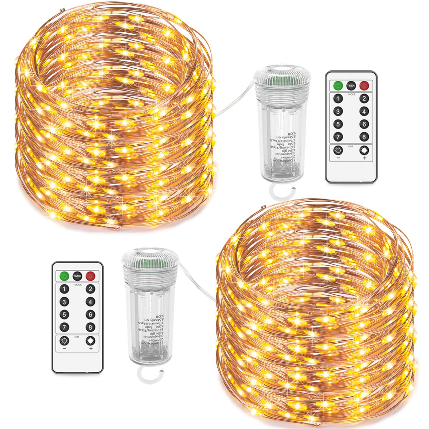Asmader 2 Sets LED Fairy Lights,Battery Operated String Lights Waterproof Outdoor/Indoor Copper Wire Lights 8 Modes Remote for Bedroom, Holiday, Party, Wedding, Christmas Decor Lights, Warm White