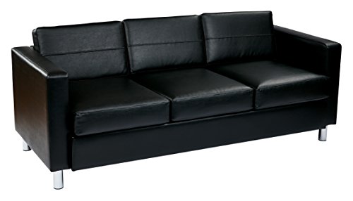 OSP Home Furnishings Pacific Vinyl Sofa Couch with Spring Seats and Silver Metal Legs, Black