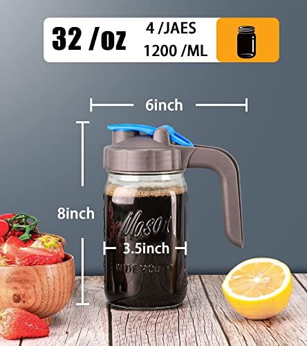 Glass Mason Jar 32 oz Pitcher, 4 Pack Quart Mason Jar Pitcher with Wide Mouth Airtight Lid, Heavy Duty Glass Pitcher for Cold Brew, Ice Tea, Coffee, Sun Tea, Juice, Breastmilk