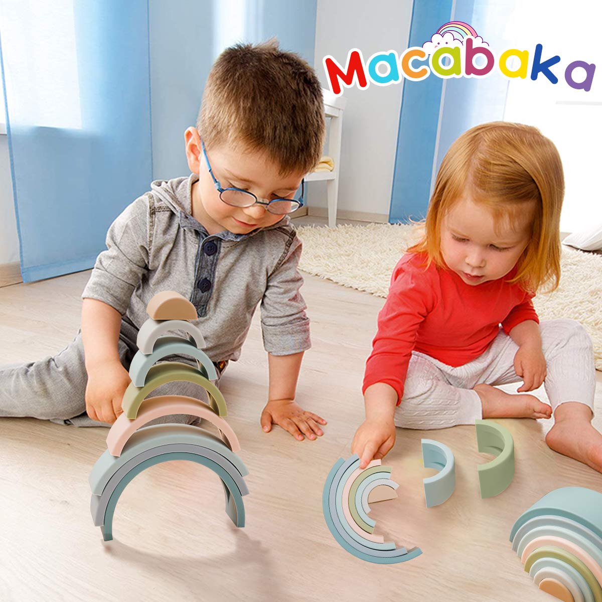 Macabaka Silicone Rainbow Stacker Nesting Puzzle Building Blocks Stacking Toys, Boho Baby Toys, 10 Pcs Educational Toys Learning Montessori Toys for Toddlers Kids, BPA-Free, Brown Series