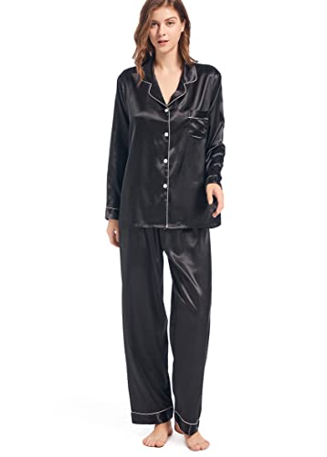 Fivali Womens Silk Satin Pajamas Long Sleeve Pj Set Two-piece Sleepwear Silky Button-down Nightwear Soft Loungewear Sets, XXL Black