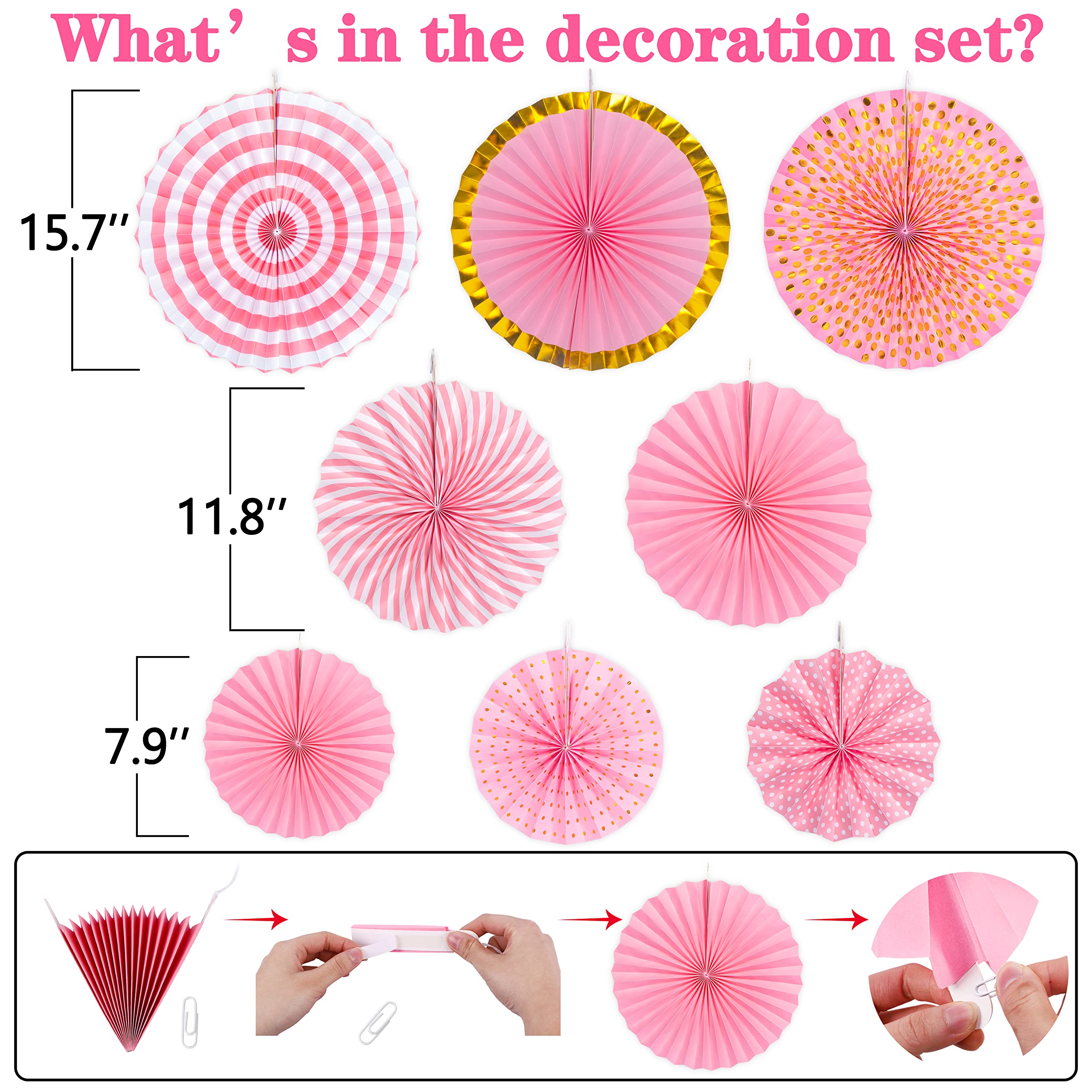 Moon Boat 35PCS Party Decorations Paper Fan Hanging Set - Birthday,Bridal/Baby Shower,Bachelorette,Wedding Decor (Pink)