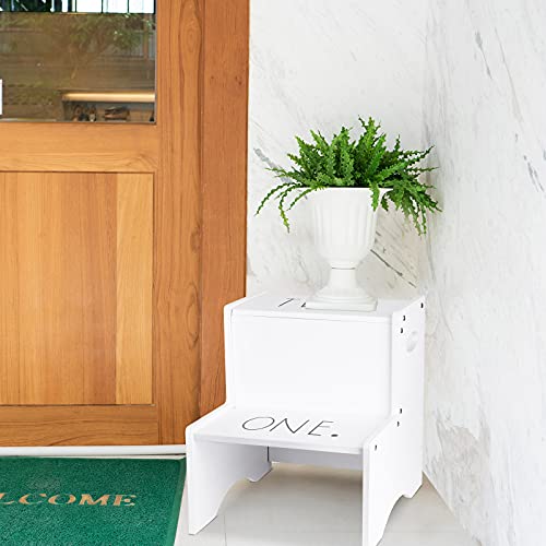 Kids 2-Step Wood Step Stool White Two Step Children's Stool with Handles Dual Height Wooden Toddler Step Stool for Kids Mini Wooden Stepping Stand for Room Kitchen