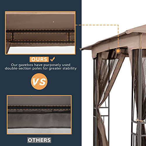 HAPPATIO 10' X 12' Patio Gazebo with Ventilation Double Roof,Outdoor Gazebo with Mosquito Netting for Lawn, Garden (Light Brown)