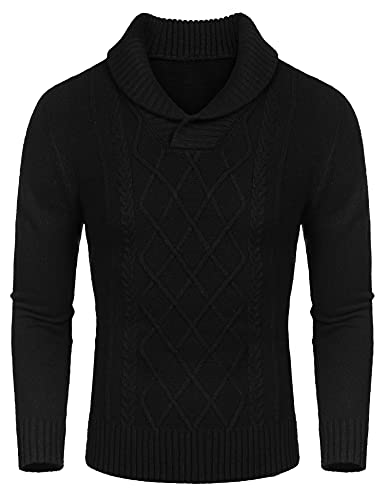COOFANDY Men's Shawl Collar Sweaters V-Neck Cotton Relaxed Fit Cable Pullover (Black&, Medium)