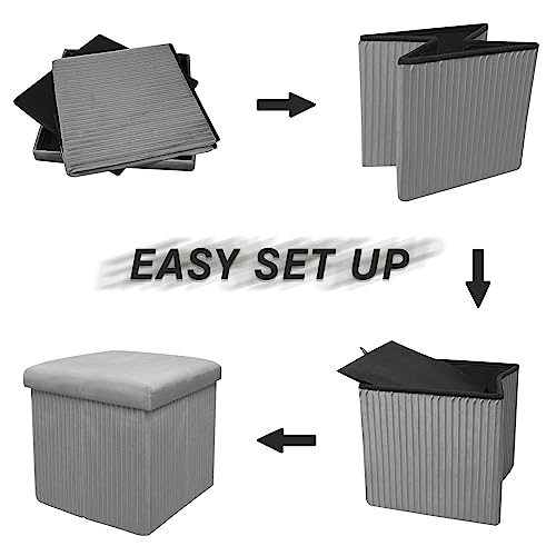 Babion Velvet Storage Ottoman Cube, Folding Tufted Ottoman with Storage Square, Small Foot Rest Ottoman with Foam Padded Seat, Light Grey 12 Inches