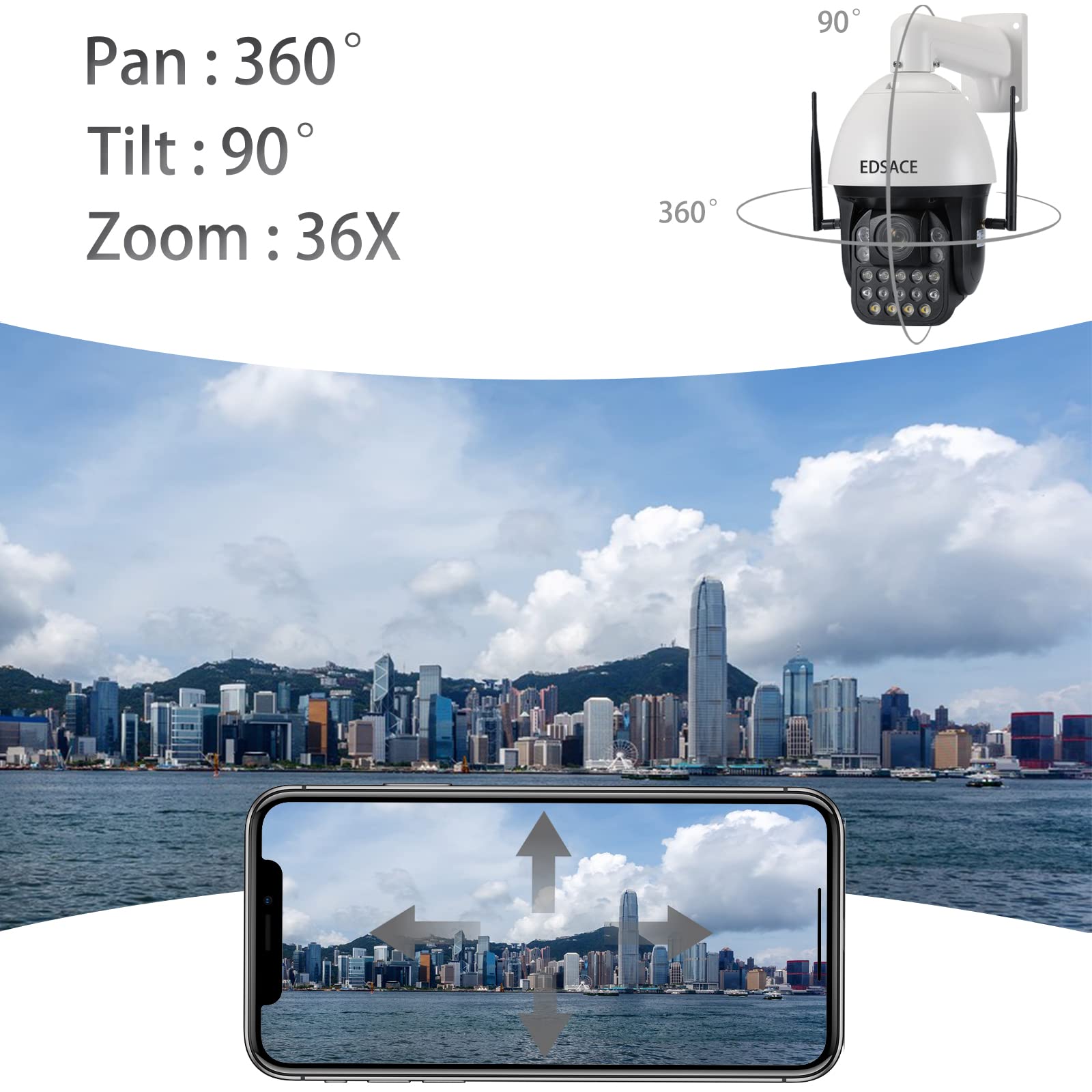 EDSACE 5MP PTZ Camera 36X Optical Zoom,Ontinuous 360° pan,Auto Tracking,Human Detection,Two Way Audio,Long Range Infrared Night Vision up to 393ft (Built-in Audio)