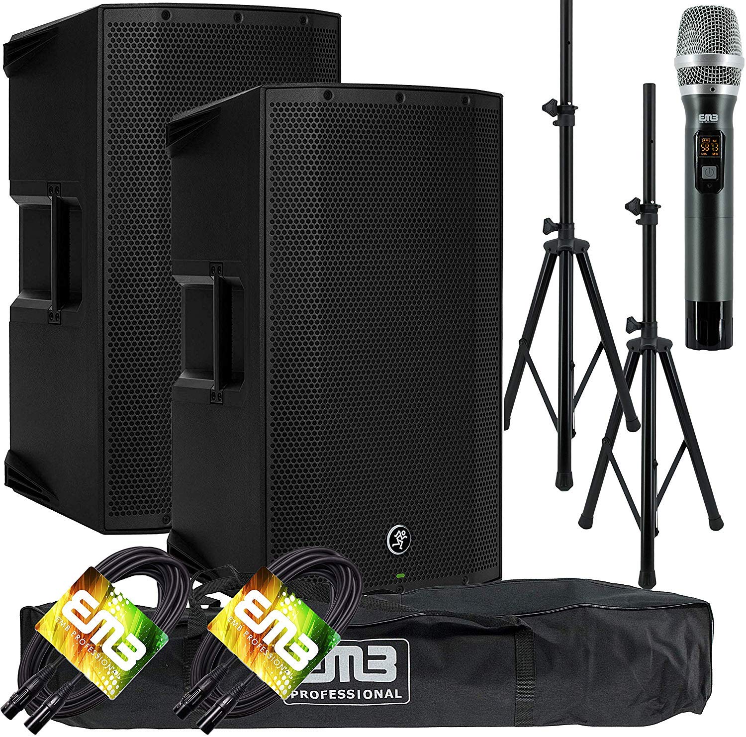 Mackie Thump15BST THUMP-15BST Boosted 1300W 15" Powered Loudspeaker (Pair) with EMB Speaker Stand + EMB Microphone and EMB XLR Cable Bundle