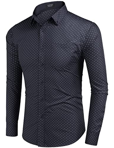 COOFANDY Men's Business Dress Shirt Long Sleeve Regular Fit Shirt Casual Polka Dot Printed Button Down Shirts Navy Blue