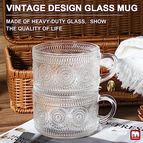 GMISUN Vintage Coffee Mugs, 14oz Glass Coffee Mug Set with Bamboo Lids, Large Clear Coffee Mug with Spoons, Big Coffee Cup Set with Handle, Clear Coffee Cups for Coffee, Iced Coffee (2 Pack)