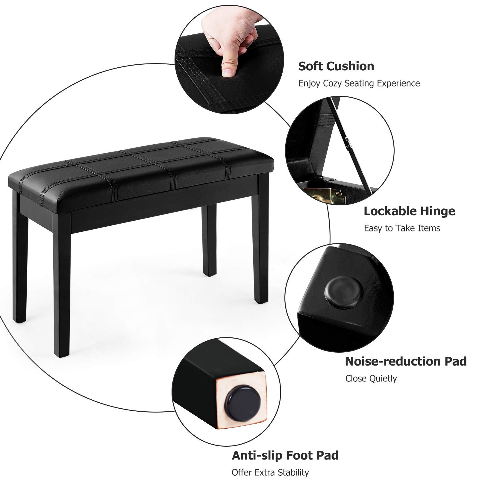 GOFLAME Piano Bench with Padded Cushion and Music Storage, Comfortable Double Duet Seat with PU Leather and Wooden Legs, Perfect for Professional or Home Use (Black)