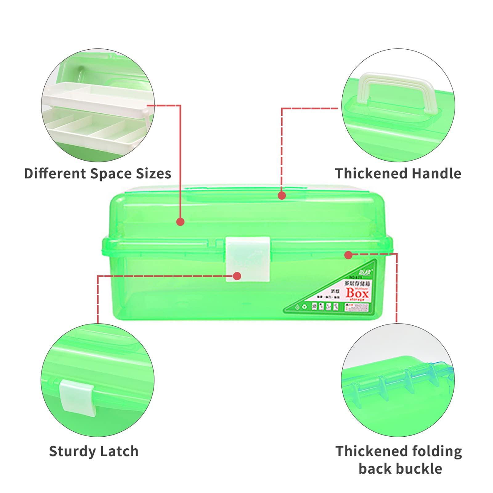 Zhousensen 13in Three-Layer Clear Art Storage Box Craft Organizer, Folding Tool Box with Handle, Art & Crafts Case/Sewing Supplies Organizer for Home School Office Travel (Green)