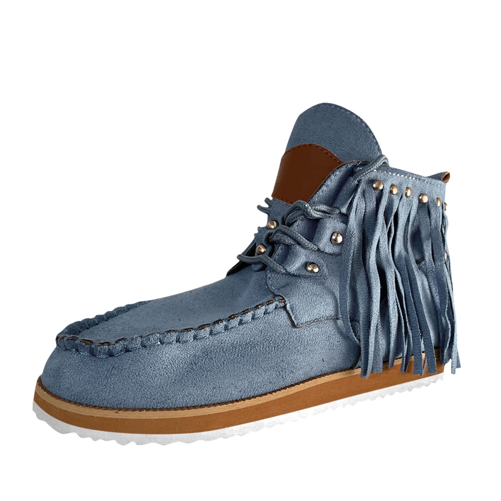 Ankle Booties Elastic Chunky Block High Heels Boots Shoes Tassel Round Retro Toe Ankle Lace Boots for Women Blue