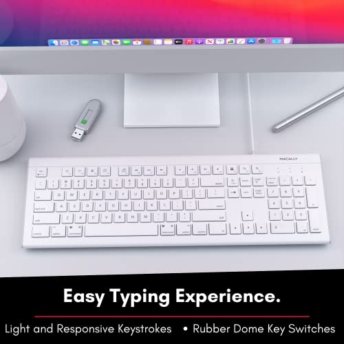 Macally Full Size USB Wired Keyboard for Mac and PC - Plug & Play Wired Computer Keyboard - Compatible Apple Keyboard with 15 Shortcut Keys for Easy Controls & Navigation of Macbook Pro/Air, iMac