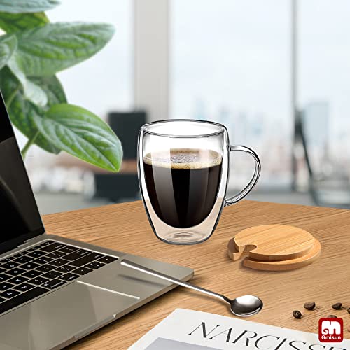 GMISUN Glass Coffee Cups, 2 Pack Double Wall Glass Coffee Mugs with Bamboo Lids, 12 Oz Clear Coffee Mug with Handle, for Ice Coffee/Tea/Hot Beverages/Cappuccino/Latte, Extra Spoons, Coaster