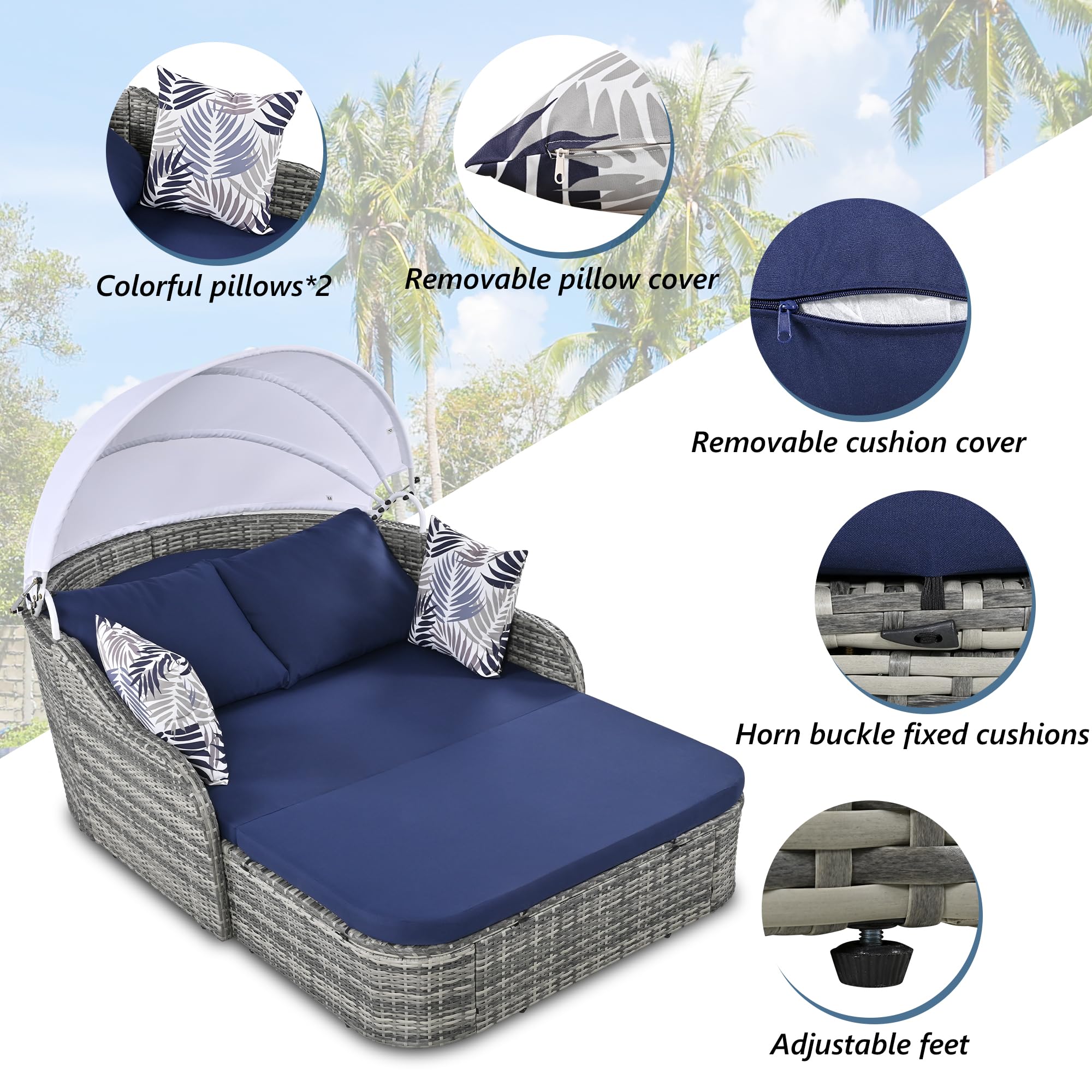 Bellemave Outdoor Patio Sunbed Daybed with Adjustable Canopy,PE Wicker Rattan Daybed Double Chaise Lounger with Cushions and Pillows for Garden, Backyard(Blue)