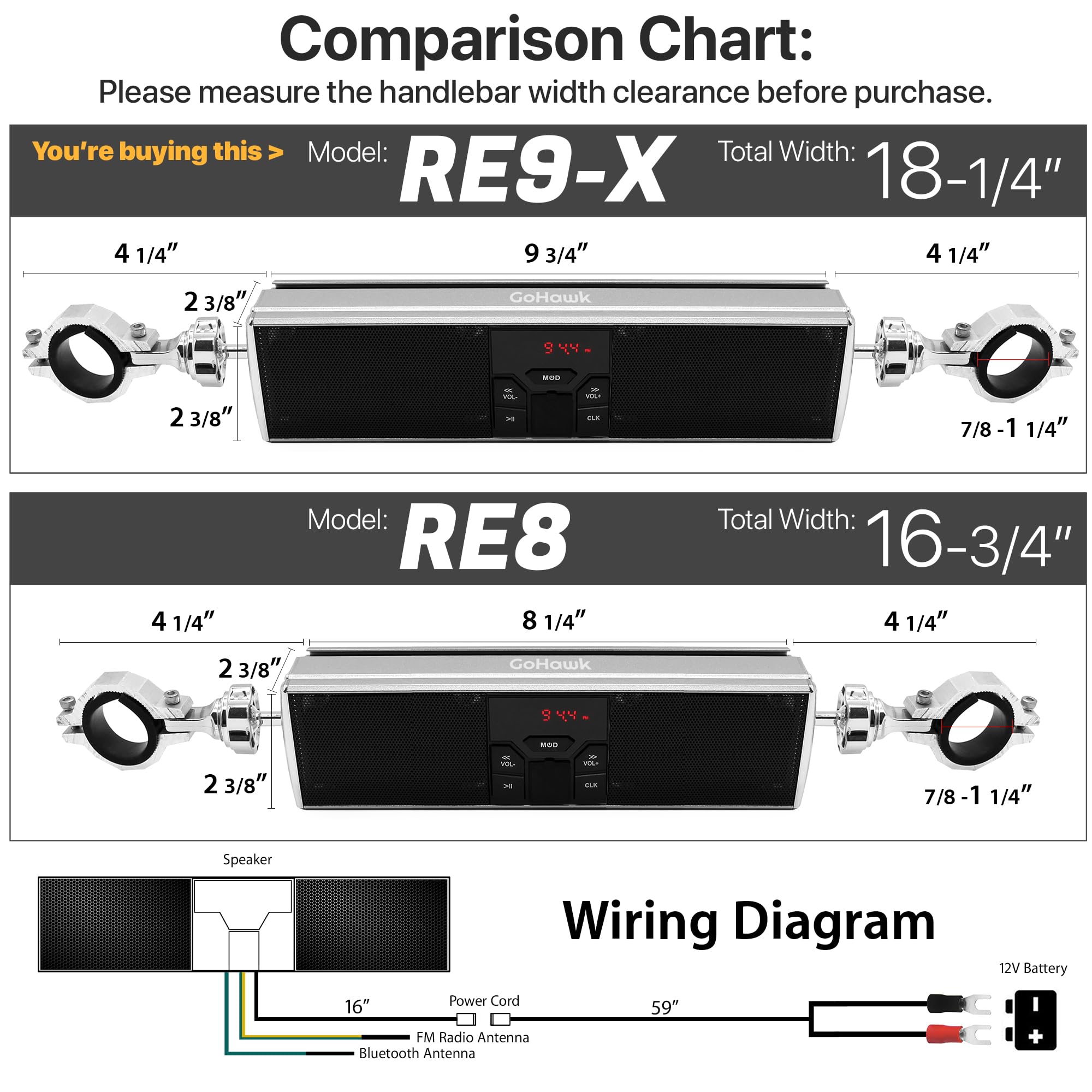 GoHawk RE9-X Gen.3 Waterproof Bluetooth Motorcycle Stereo Speakers LED Soundbar 7/8-1.25 in. Handlebar Mount MP3 Music Player Audio Amplifier System ATV 4 Wheelers USB AUX FM Radio