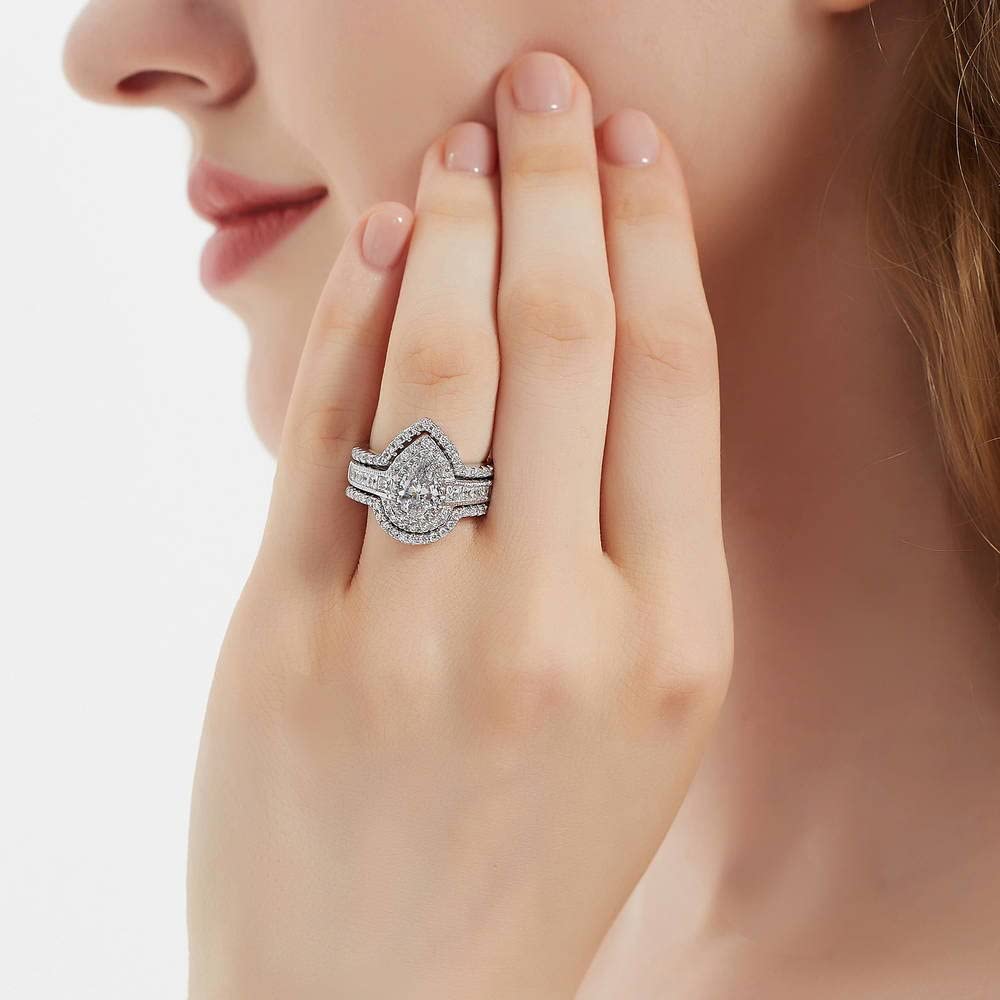 BERRICLE Sterling Silver Halo Wedding Engagement Rings Pear Cut Cubic Zirconia CZ Milgrain Ring Set for Women, Rhodium Plated Size 8
