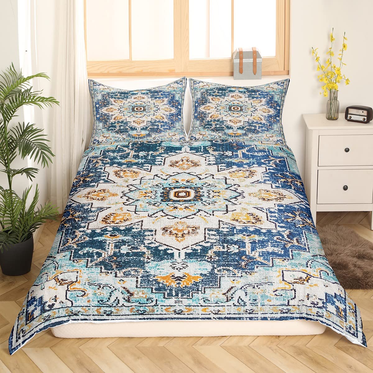 Erosebridal Boho Bedding Set Queen, Teal Blue Mandala Duvet Cover for Men Women, Retro Yellow Floral Exotic Bohemian Tribal Comforter Cover, Vintage Antique Damask Quilt Cover