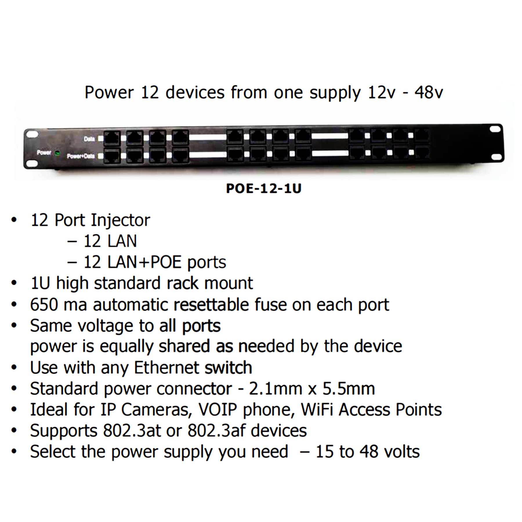 PoE Texas POE-12-24v60w | 12 Port Passive PoE Injector - Power Over Ethernet with 24 Volt 60 watt Power Supply for Ubiquiti, Mikrotik and Similar Devices