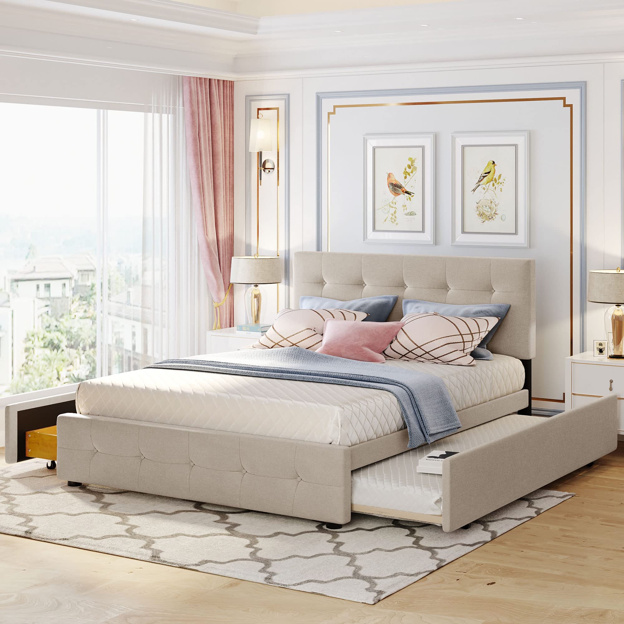 Bellemave Queen Size Platform Bed, Queen Linen Fabric Upholstered Platform Bed Frame with 2 Storage Drawers & 1 Twin XL Trundle for Kids/Teen/Adults, Easy Assembly (Beige)