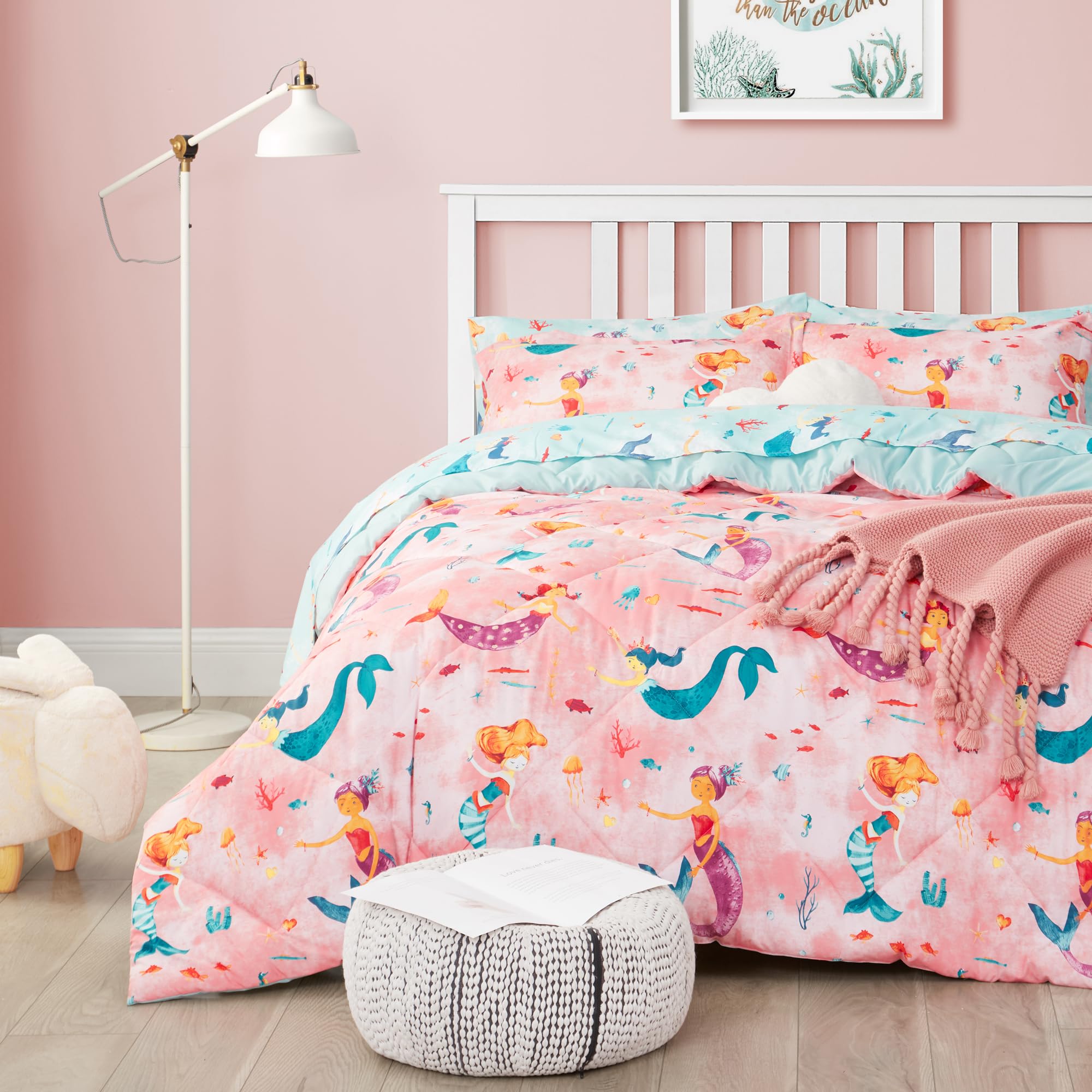 UMCHORD Pink Mermaid Kids Bedding Set for Girls, Twin Size 5 Pieces Bed in a Bag, Super Soft Lightweight Microfiber Comforter Set with Sheets, Hotel Quality Durable Children Bed Set