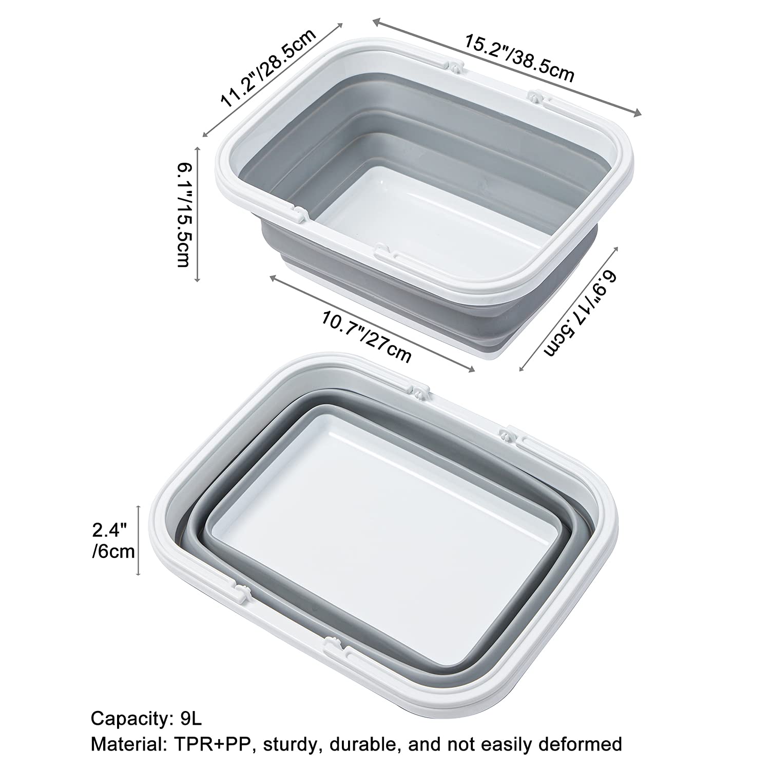 AUTODECO 2 Pack Collapsible Sink with Handle Towel, 2.37 Gal / 9L Foldable Wash Basin for Washing Dishes, Camping, Hiking and Home Gray