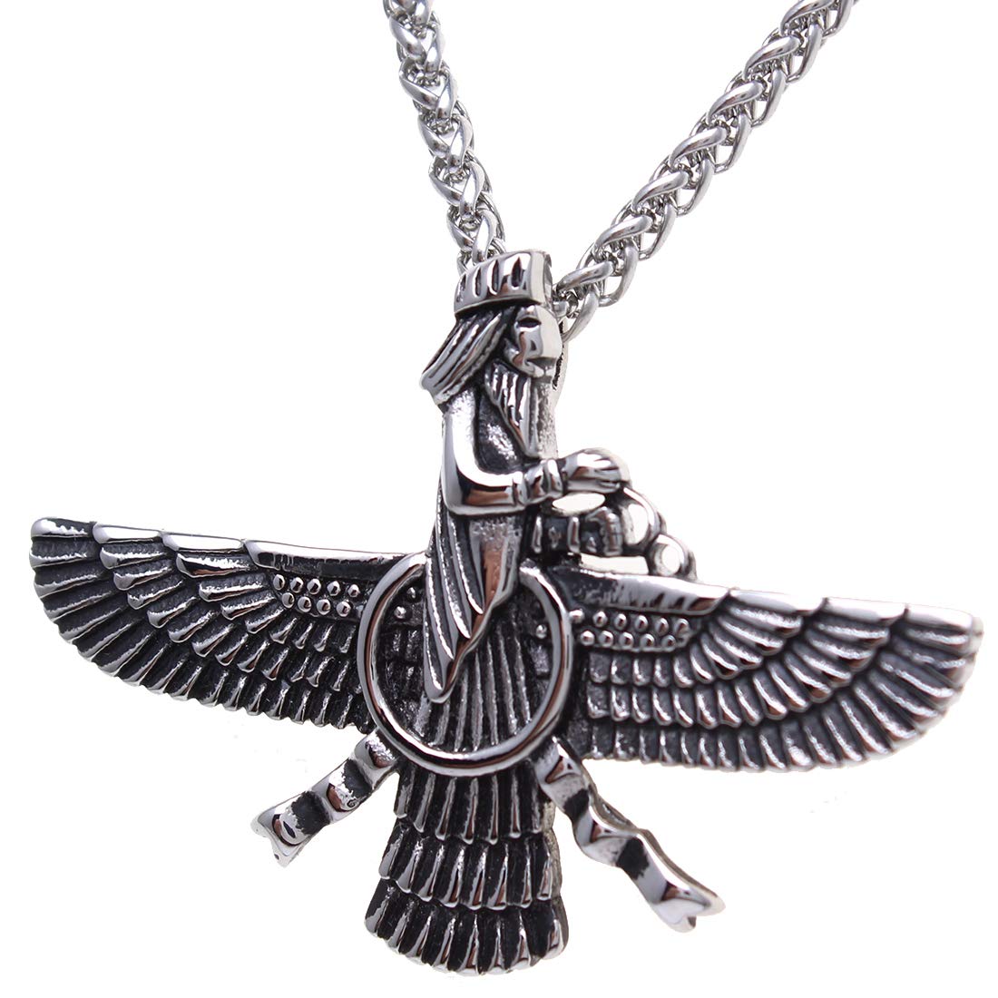 Asoodehdelan Large Farvahar Necklace Iranian Persian Art Iran Farohar Zoroastrian Faravahar Chain Necklace (Silver Plated, 18)