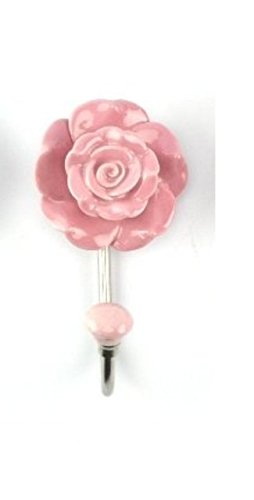 Maithil Art Set of 2 Rose Flower Ethnic Ceramic Key Hat Coat Hook Wall Decor Hook (Pink)