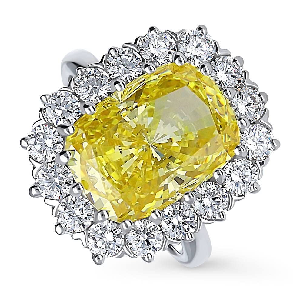 BERRICLE Sterling Silver Halo Yellow Cushion Cut Cubic Zirconia CZ Statement Cocktail Fashion Ring for Women, Rhodium Plated Size 8