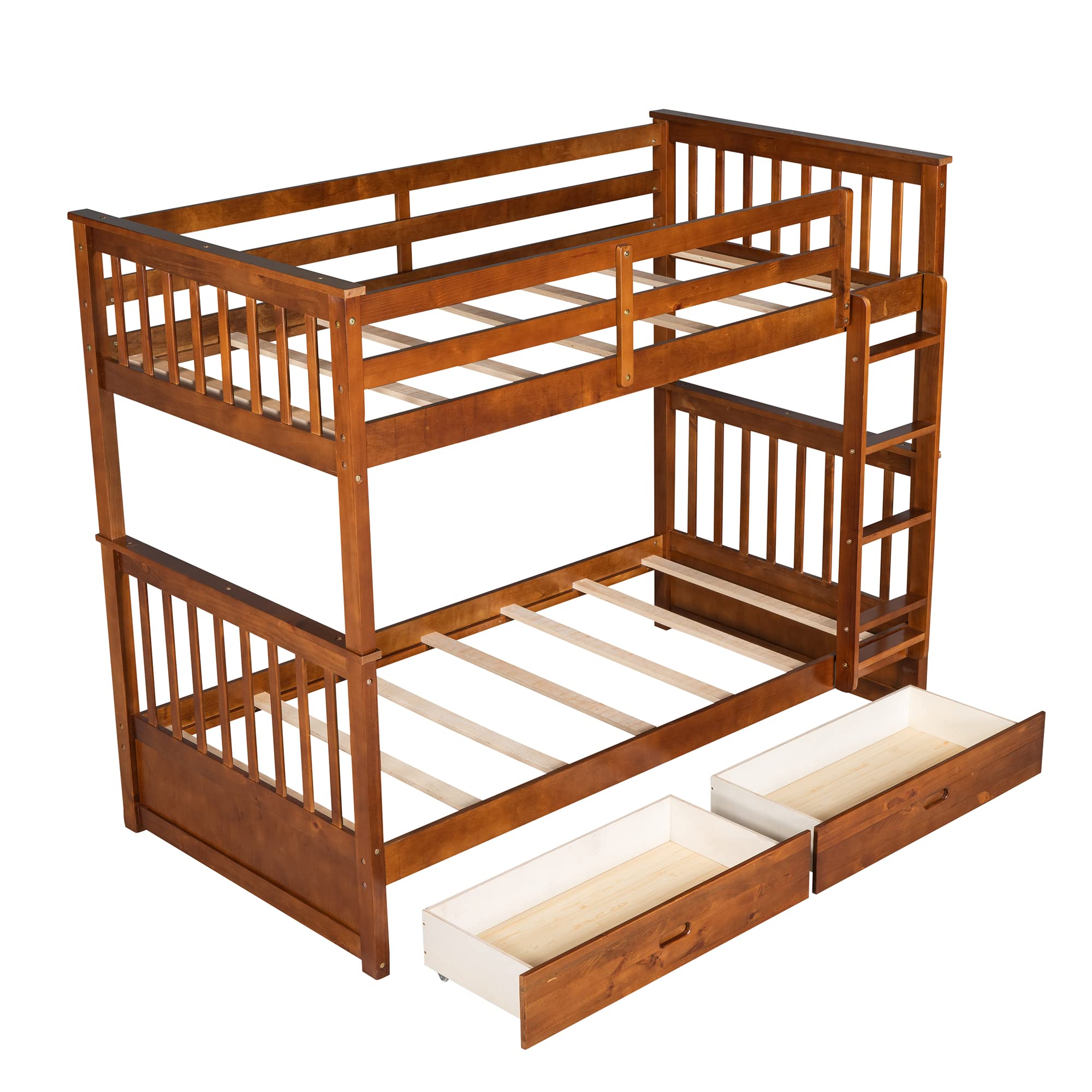 Harper & Bright Designs Twin Over Twin Bunk Beds with 2 Storage Drawers, Solid Wood Convertible Bunk Beds, Kids Twin Bunk Beds with Ladder, Safety Rail for Girls Boys Teens Adults,Walnut