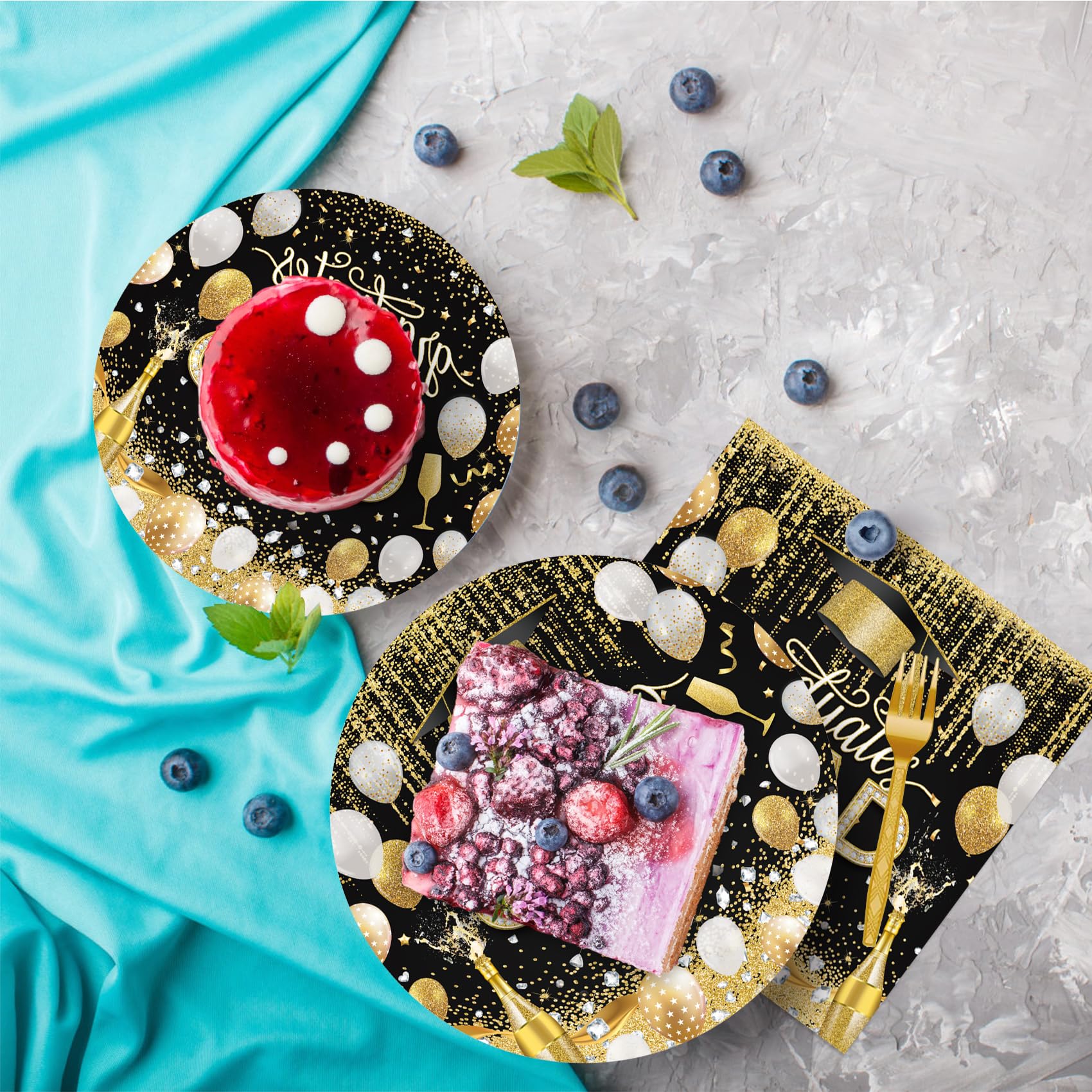 Black and Gold Graduation Party Supplies for 24: 97 Pcs with Elegant Plates, Forks, Bunting - Commencement Celebration - Classy Diploma-Themed Tableware Set