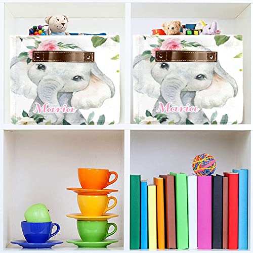 Pink Elephant Floral Personalized Storage Basket ,Custom Storage Bins Cubes Organizer with Handle for Bedroom Wardrobe,Nursery,Basket 1 Pack